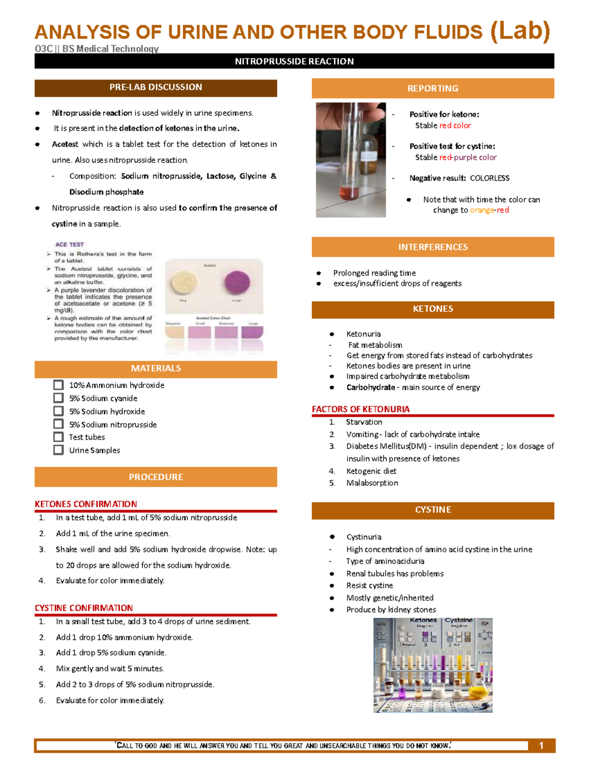 AUBF LAB Prelim: Nitroprusside Reaction Analysis in Urine - Studocu