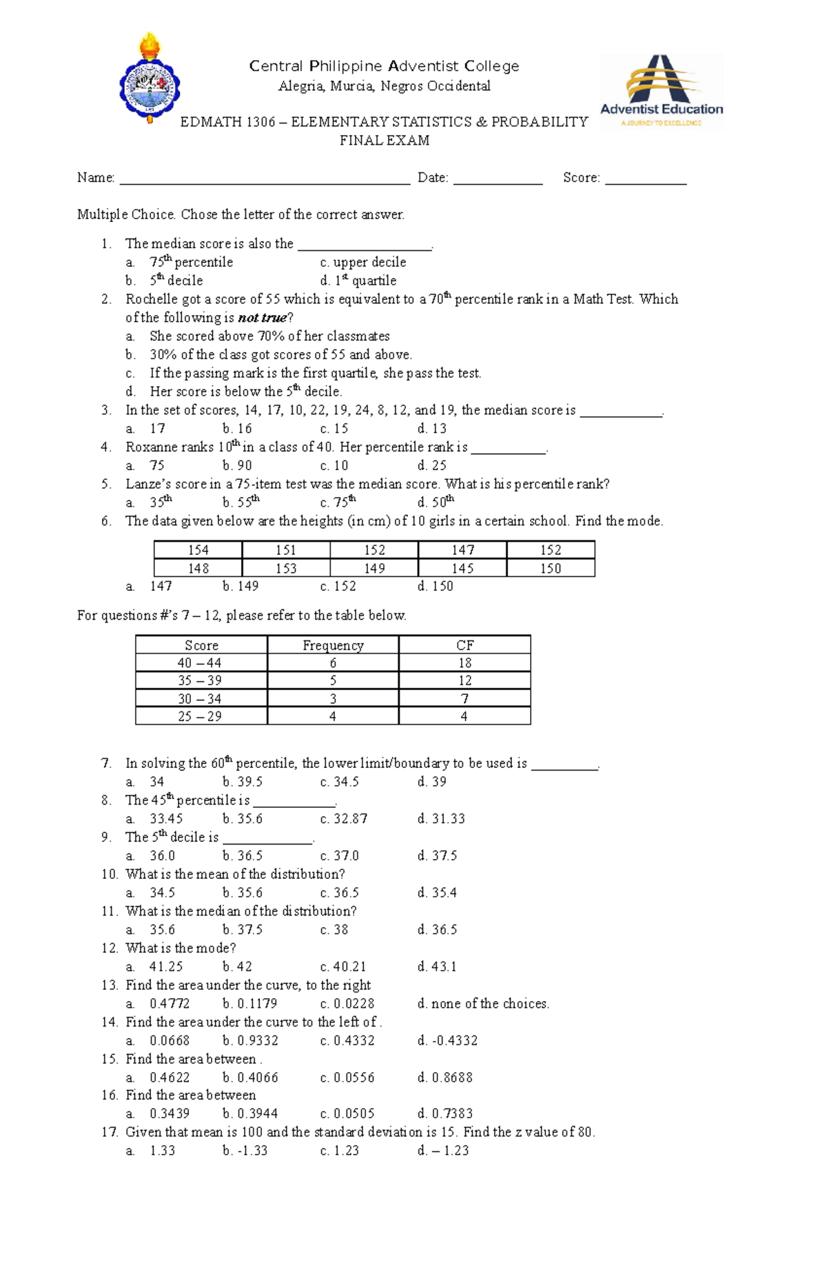 EDMATH 1306 Final Exam: Elementary Statistics & Probability - Studocu
