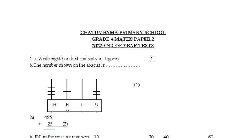 CHATUMBAMA PRIMARY SCHOOL GRADE 4 MATHS PAPER 2 2022 END OF YEAR TEST ...