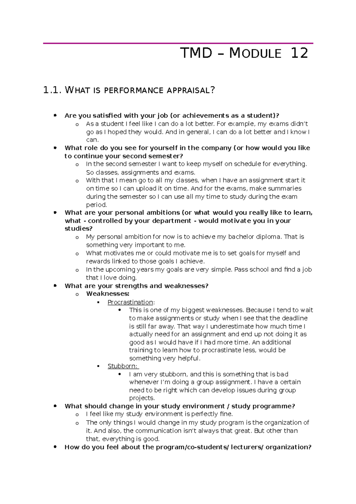 TMD - module 12 - TMD – MODULE 12 1. WHAT IS PERFORMANCE APPRAISAL? Are ...