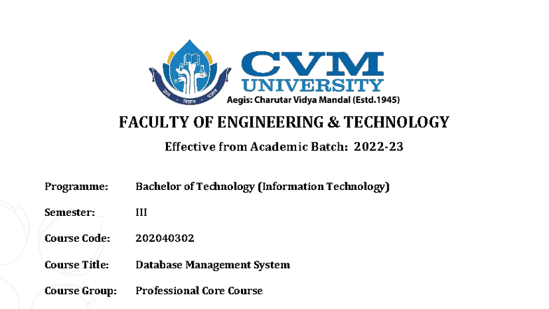 202040302 Database Management System Course Overview and Objectives - Studocu