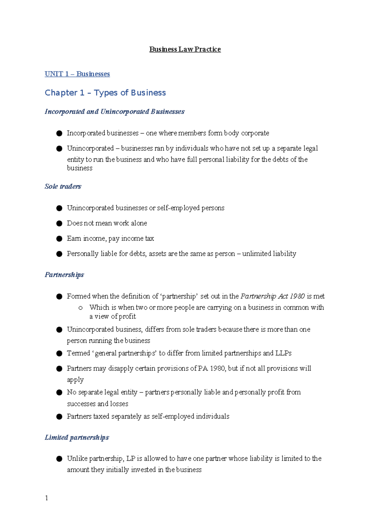 Business Law Practice UNIT 1: Types of Businesses and Their Structures ...