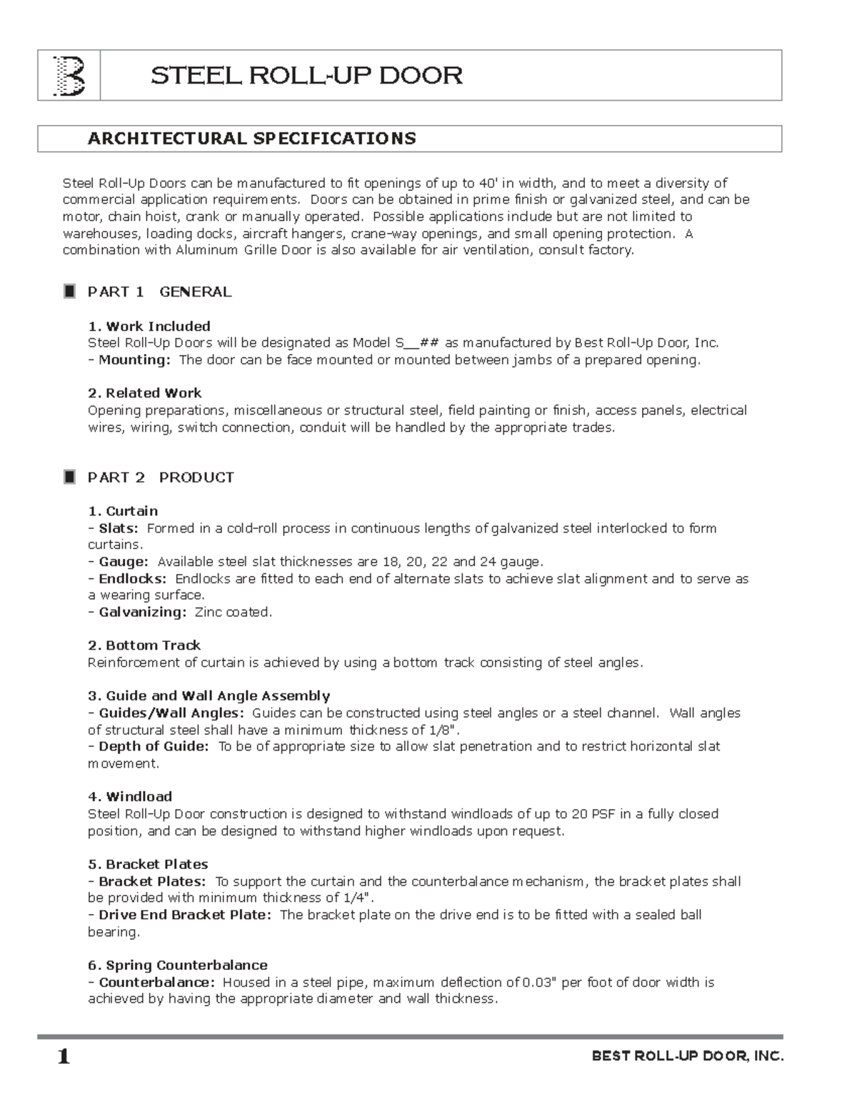 B STEEL DOOR ARCHITECTURAL SPECIFICATIONS: Roll-Up Door Details - Studocu