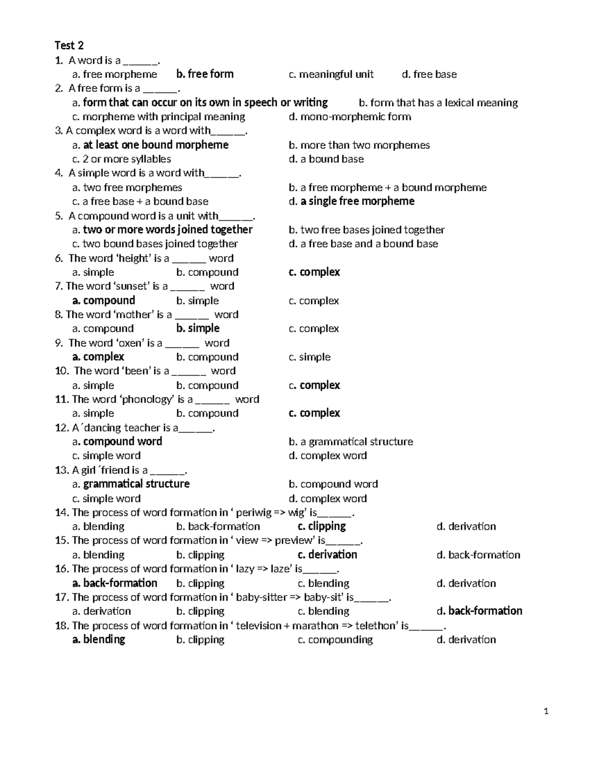 Morpho Test 2 No Key - Test 2 A word is a ______. a. free morpheme b ...