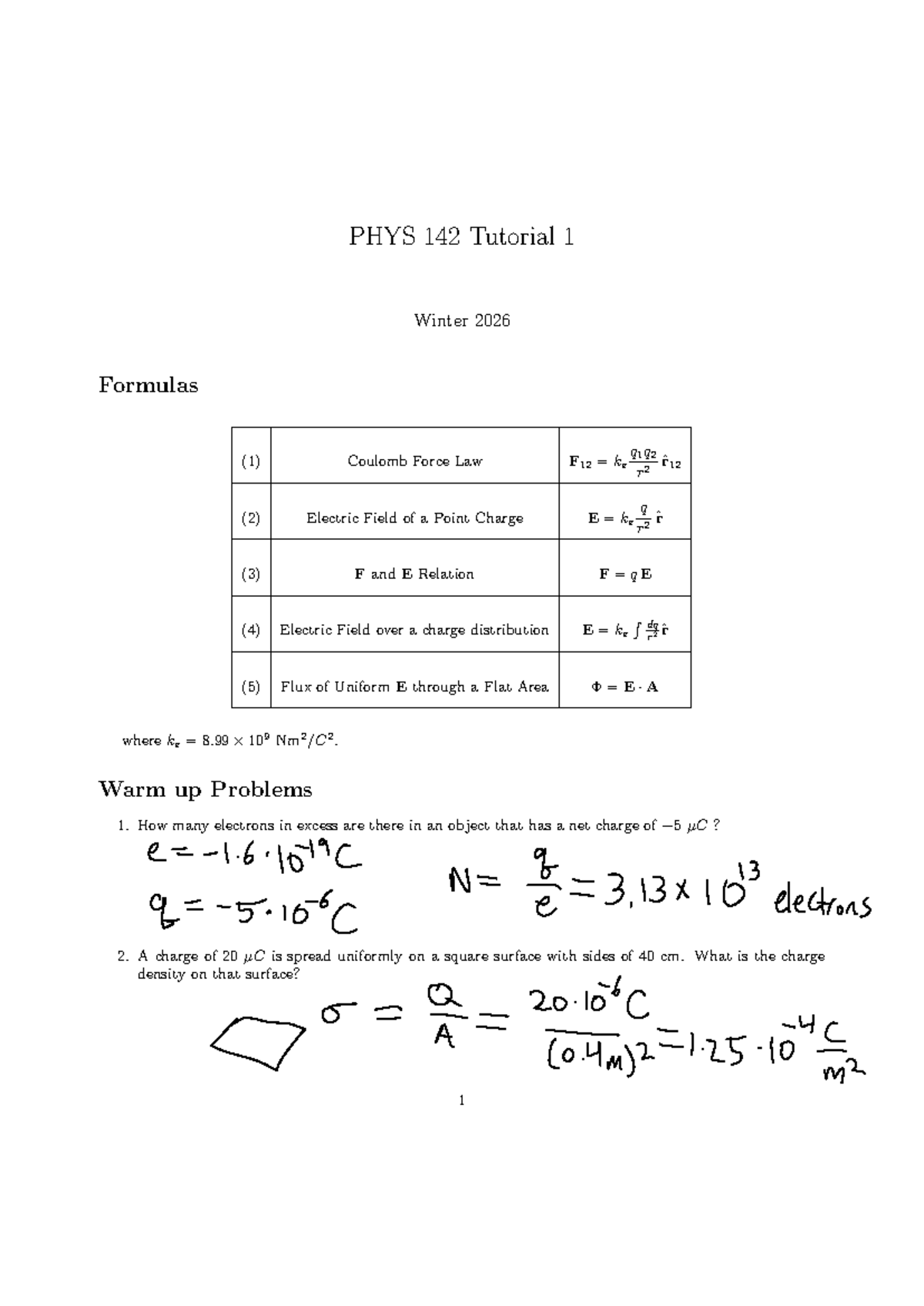 PHYS 142 Winter 2026 Tutorial 1 Solutions: Electric Forces & Fields - Studocu