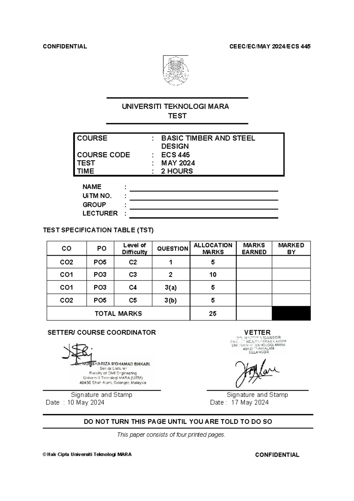 Test ECS 445: Basic Timber and Steel Design - May 2024 - Studocu