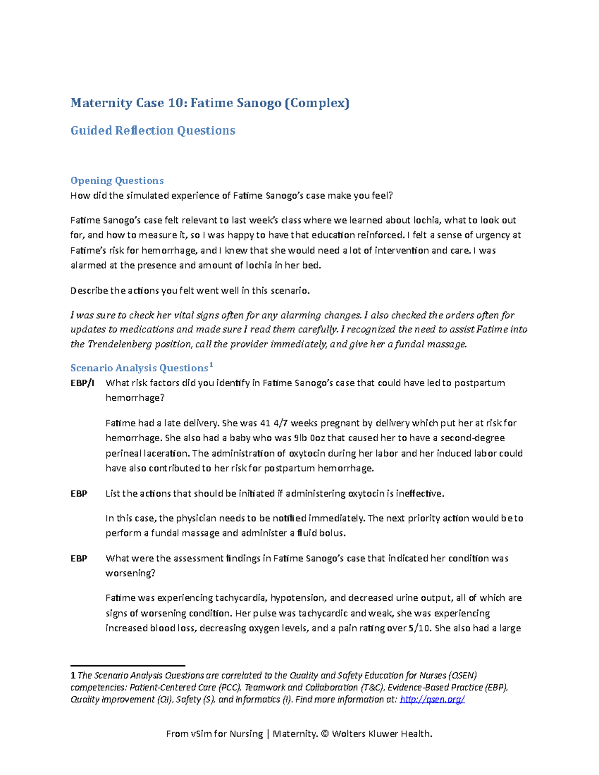 Maternity Case Study 10: Reflection on Fatime Sanogo's Care - Studocu