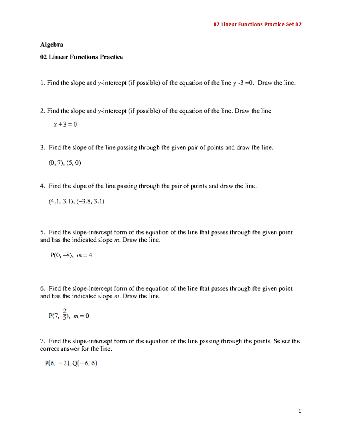 Linear Functions Practice Set 02: Analyzing Slopes & Intercepts - Studocu