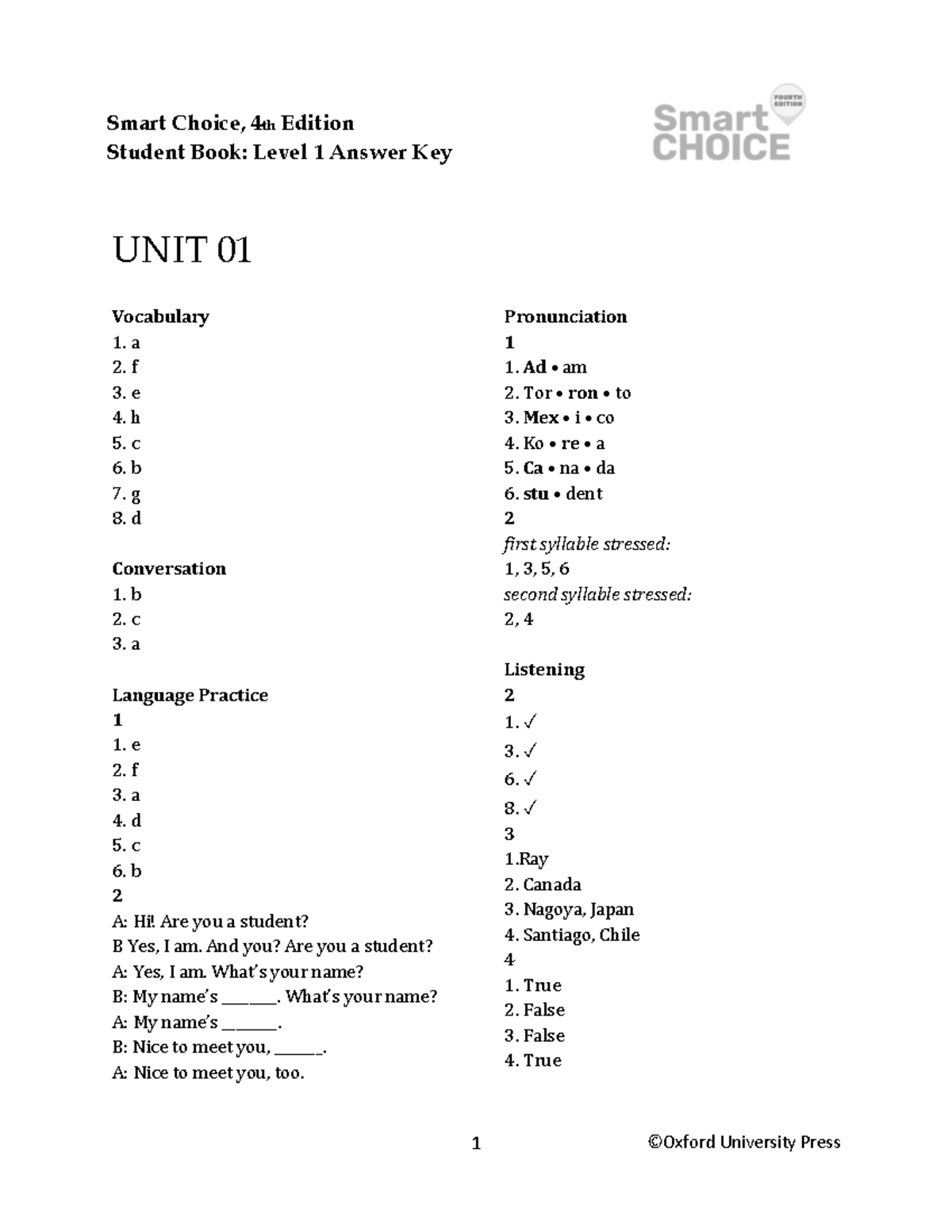 SB1 Answer Keys - Respuesta de Libro Smart Choice 1A (Units 1-9) - Studocu