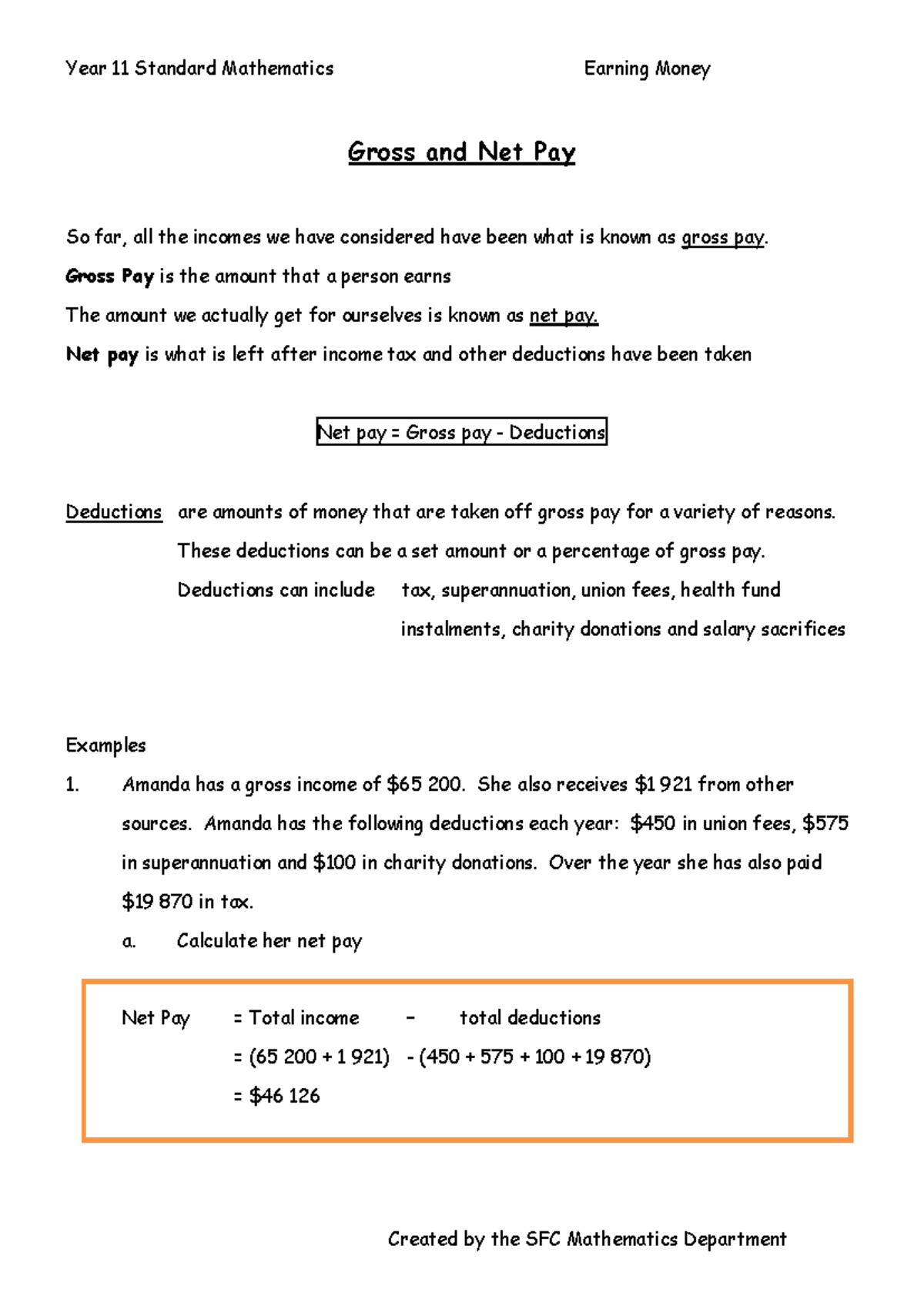 Year 11 Standard Math: Gross vs. Net Pay Explained - Studocu