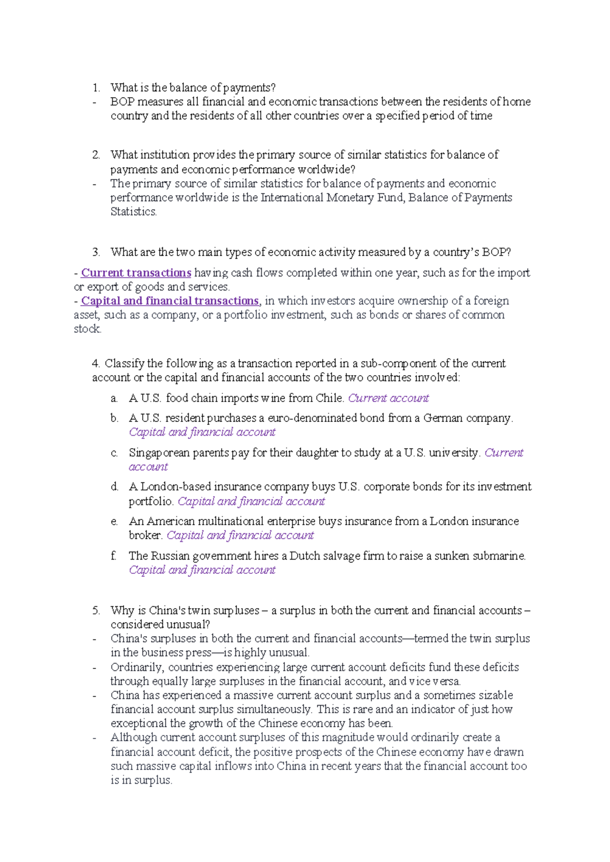 Week 4 Tutorial Questions on Balance of Payments (BOP) Concepts - Studocu
