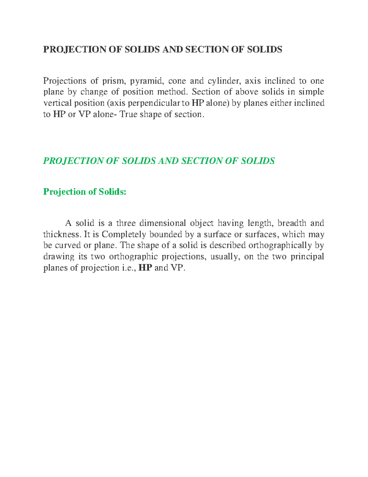 Projection OF Solids AND Section OF Solids - PROJECTION OF SOLIDS AND ...