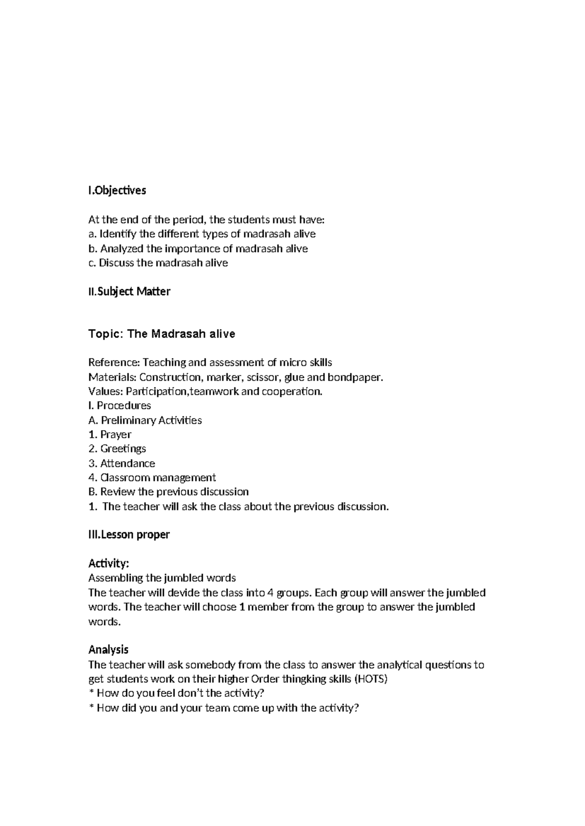 Forton Lesson Plan: Understanding Madrasah Alive Objectives - Studocu