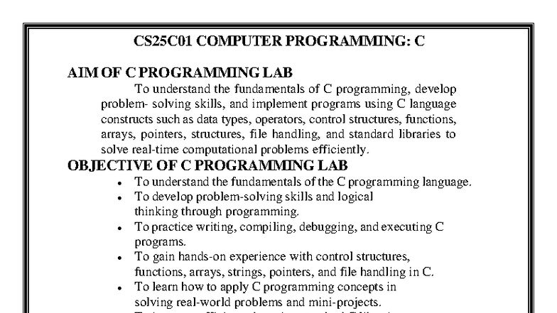 CS25C01 C Programming Lab Manual: Fundamentals & Problem Solving - Studocu