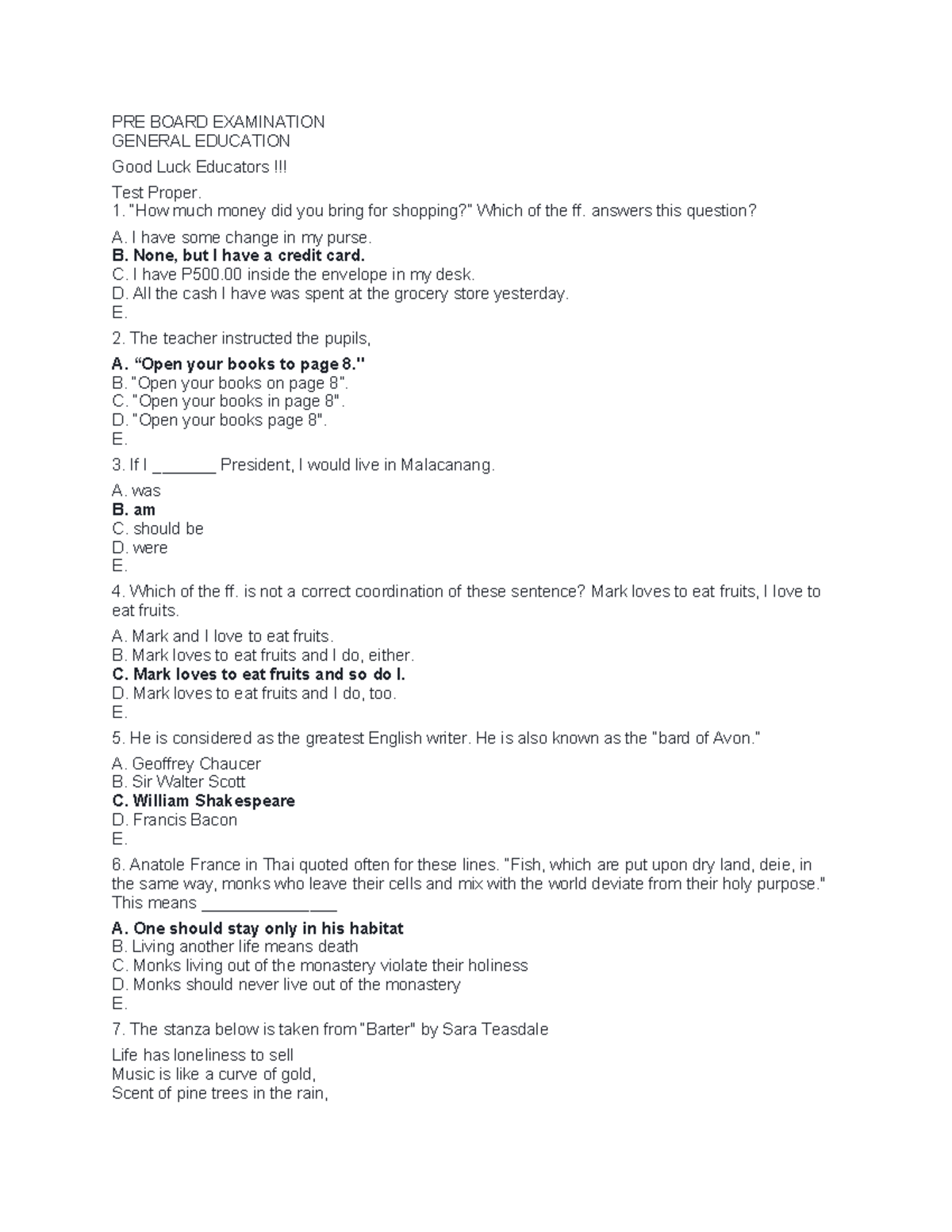 General-EDUC - Professional Education - PRE BOARD EXAMINATION GENERAL EDUCATION Good Luck ...