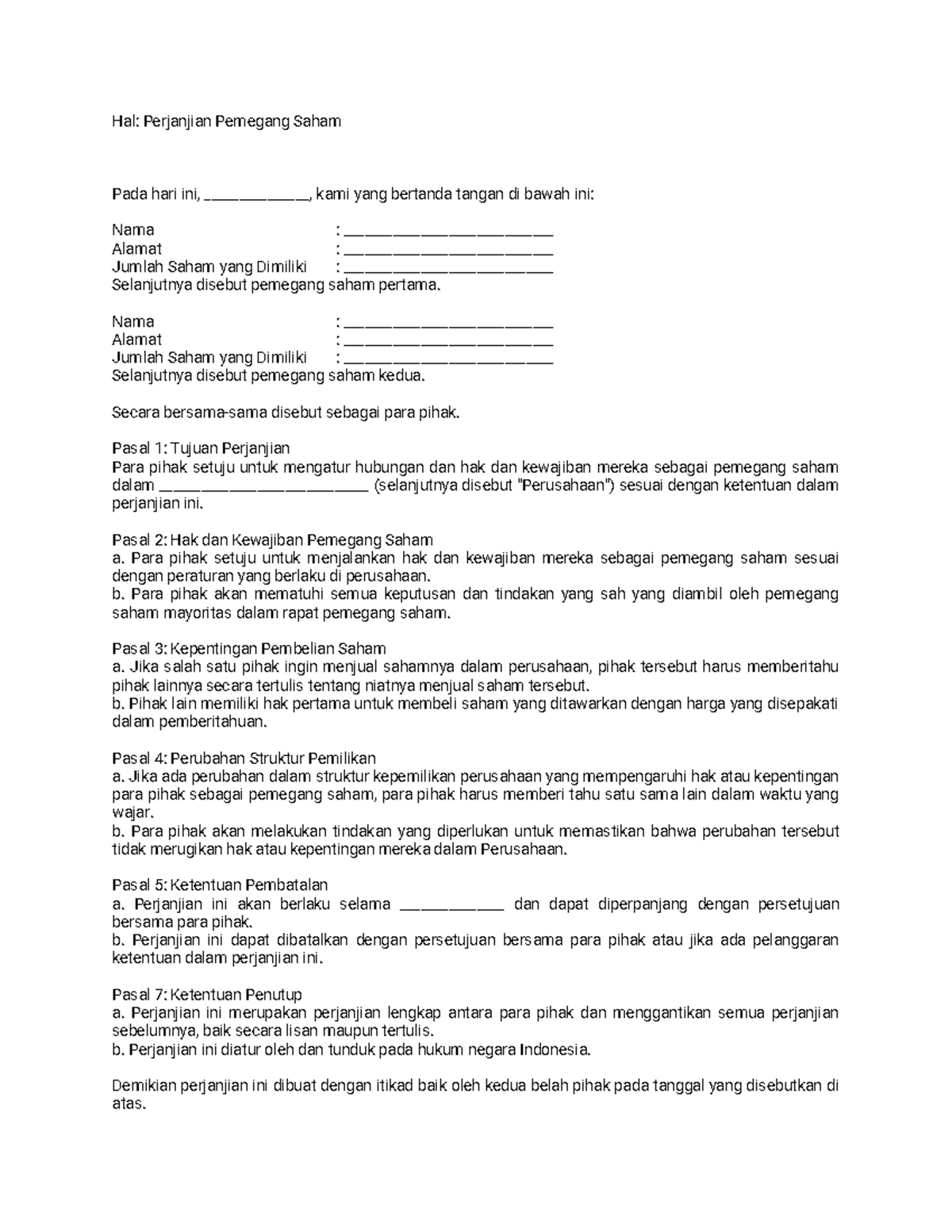 Perjanjian Pemegang Saham - Format Surat Resmi dan Struktur Ketentuan ...