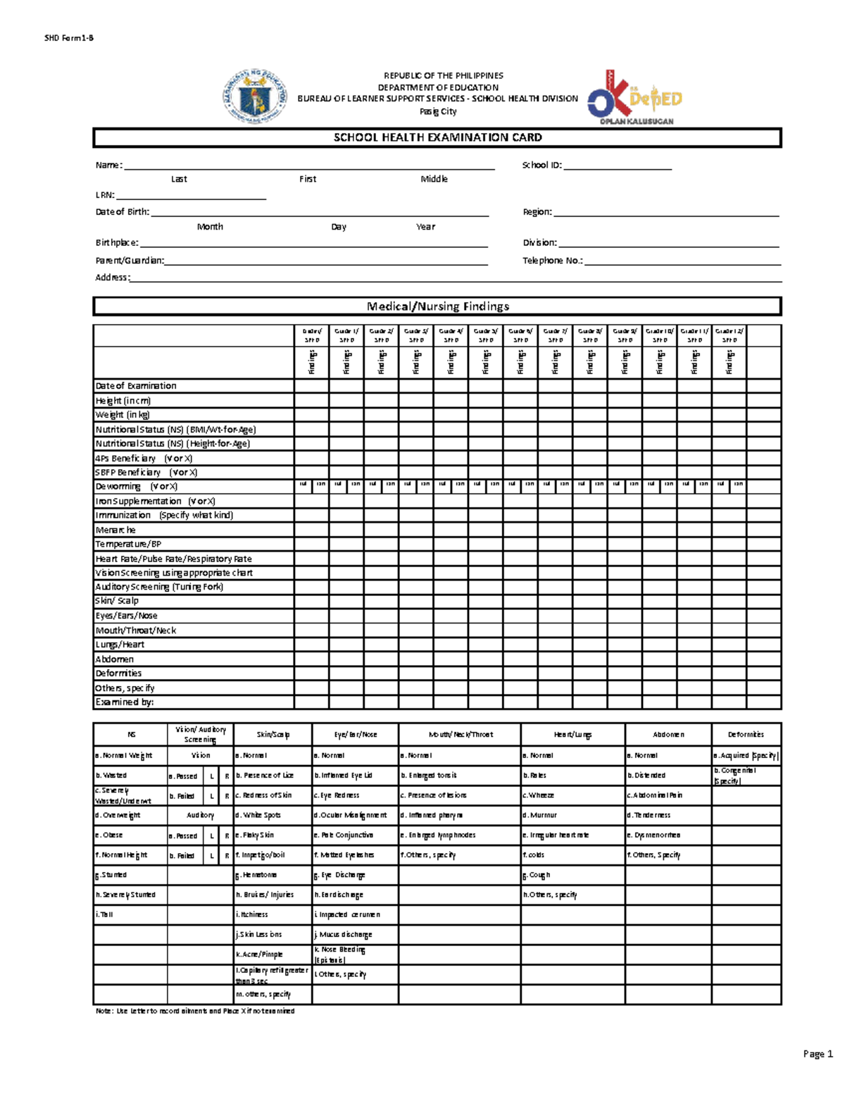 School-health-forms - HEALTH FORM - SHD Form 1-B Name: - Studocu