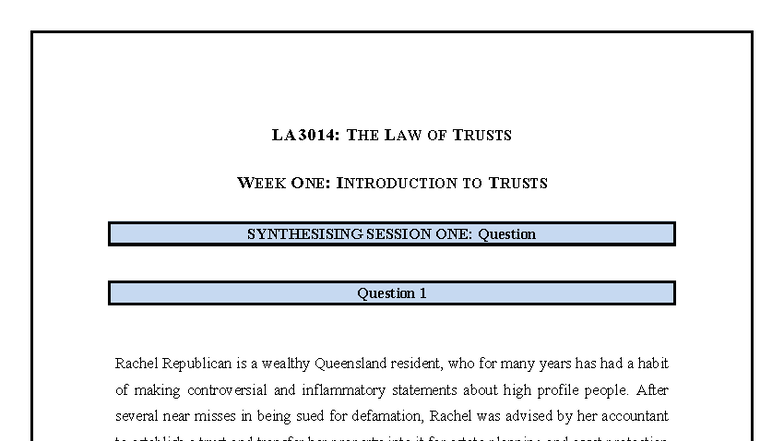 LA3014: The Law of Trusts - Week 1 Overview and Case Analysis - Studocu