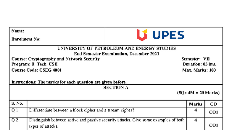 CSEG 4001: End Semester Exam Paper - Cryptography & Network Security ...