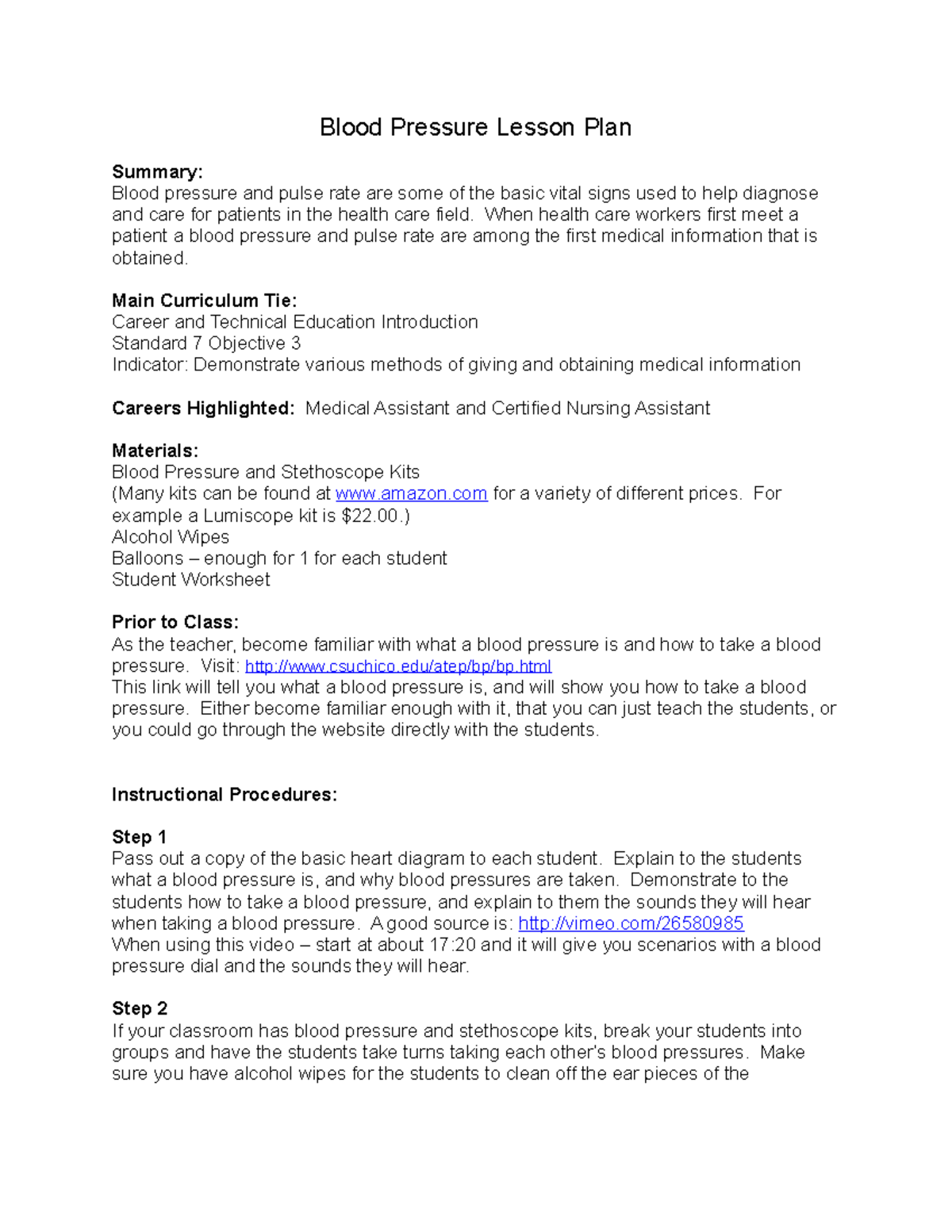 Blood Pressure Lesson Plan for Health Care Careers (CTE) - Studocu