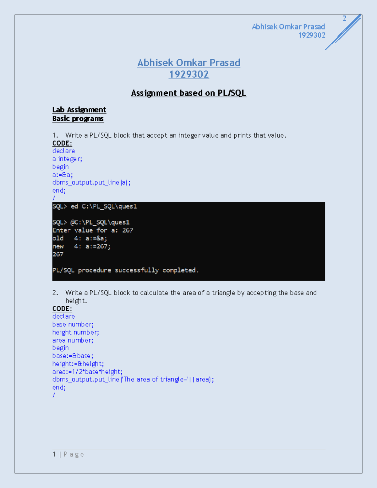 PL/SQL Lab Assignment: Basic Programs and Solutions - Studocu