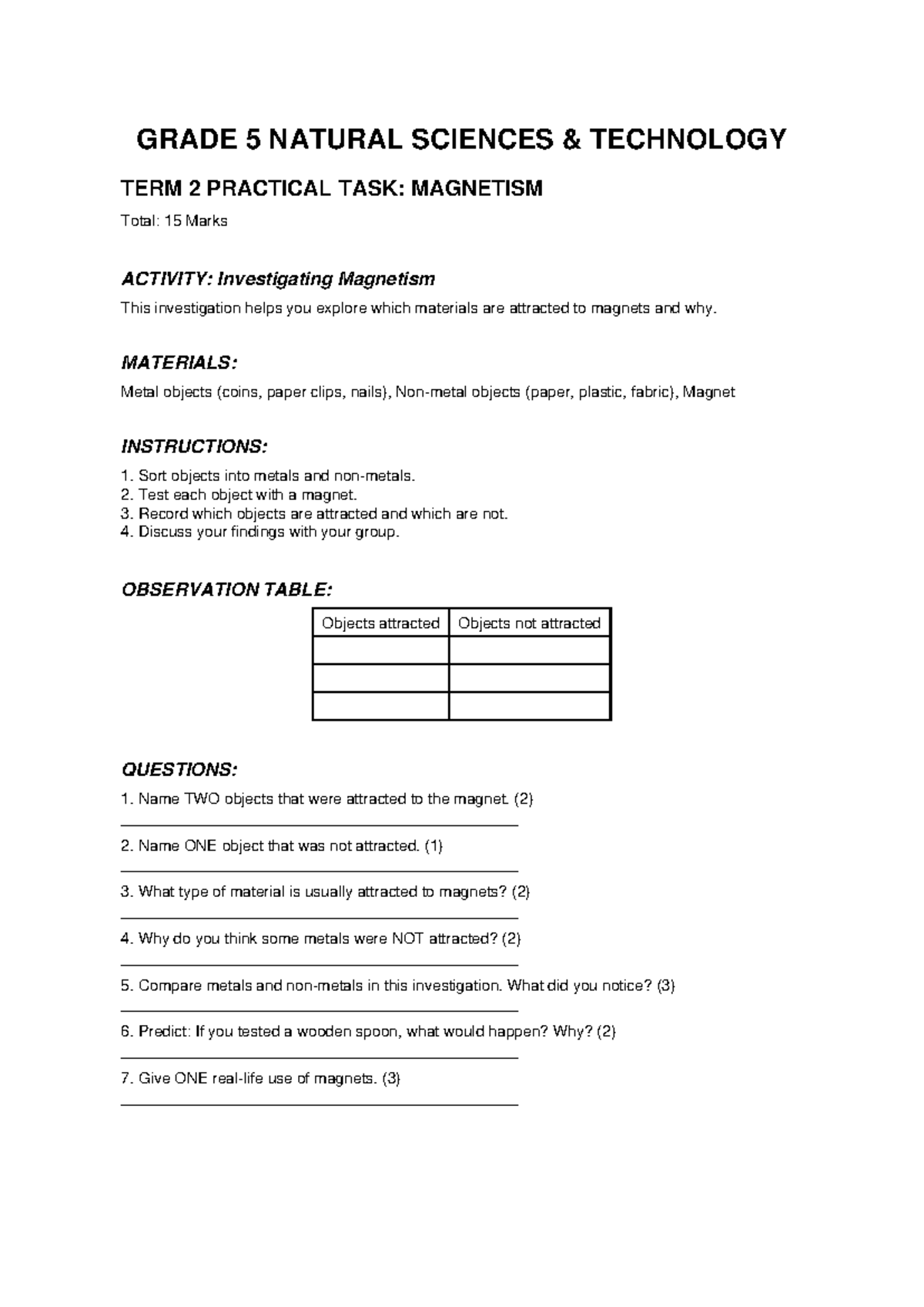 Grade 5 Natural Sciences Term 2 Practical Task: Magnetism Investigation ...