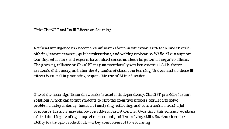 ChatGPT's Negative Impact on Learning: A Critical Analysis - Studocu