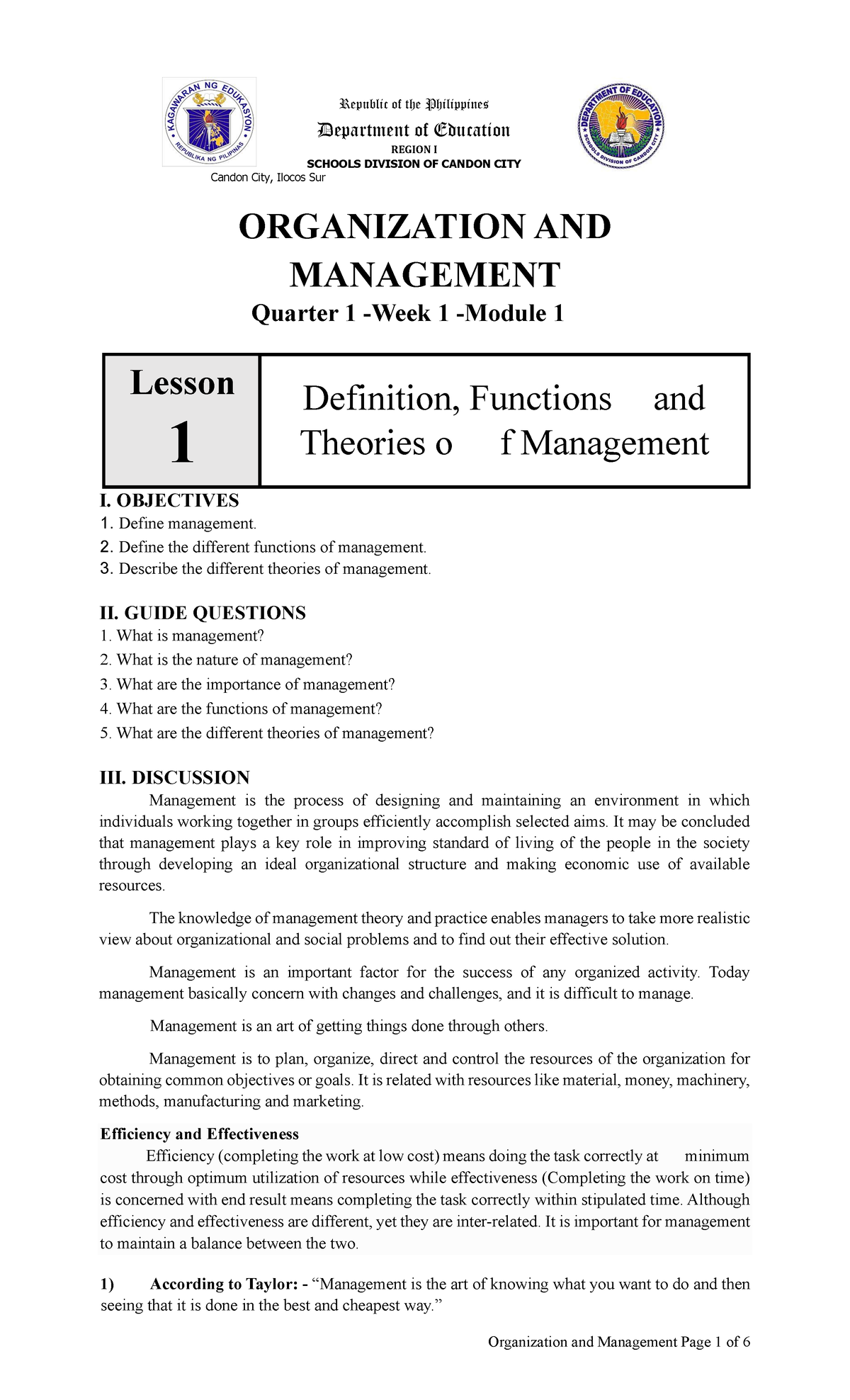 Organization-and-Management Q1 W1 M1 - Republic of the Philippines ...