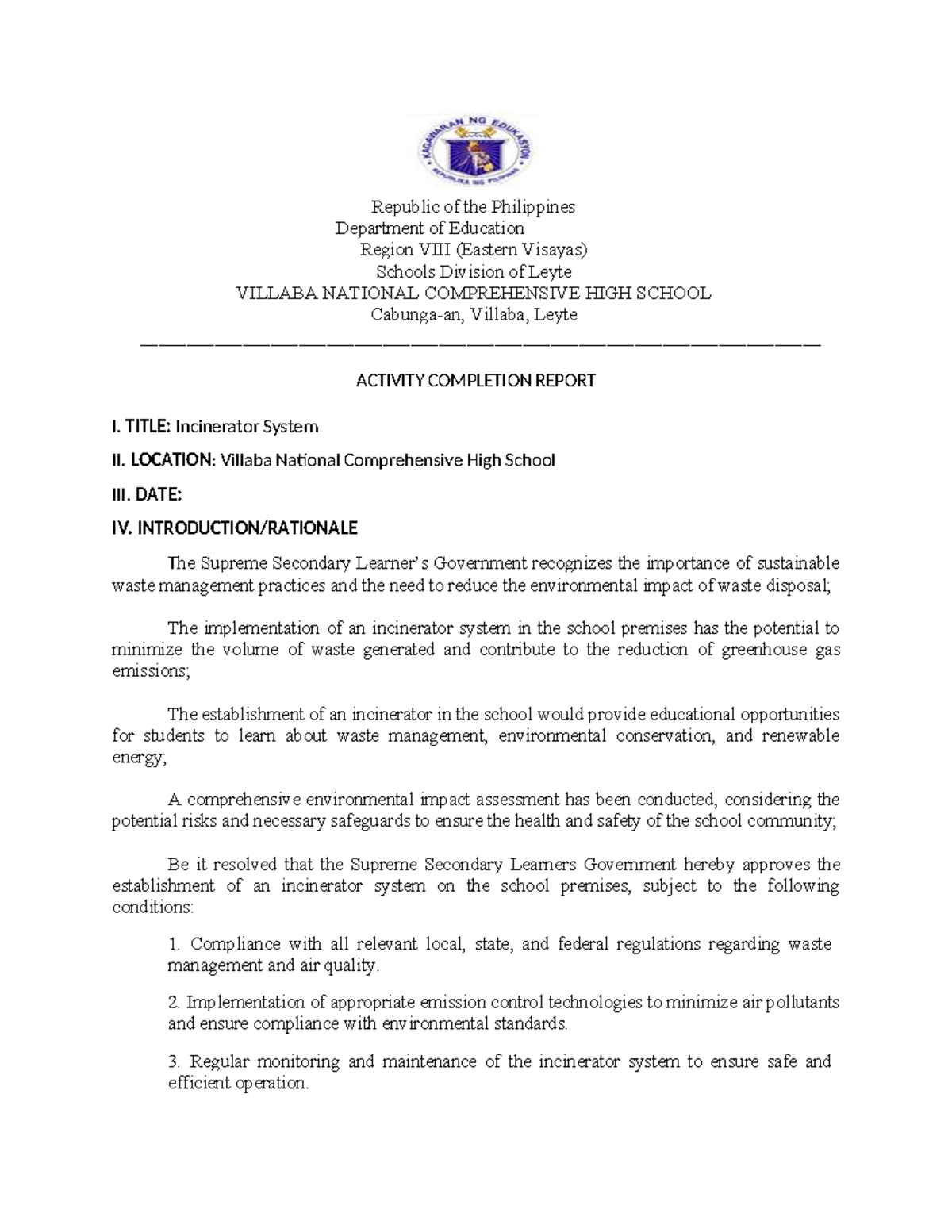 ACR: Incinerator System Implementation Report - Villaba High School ...