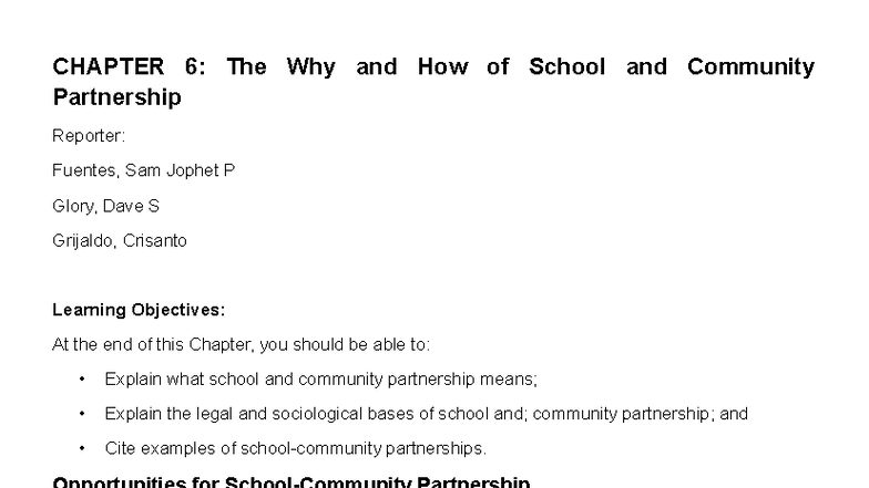 CHAPTER 6: Understanding School-Community Partnerships - Studocu