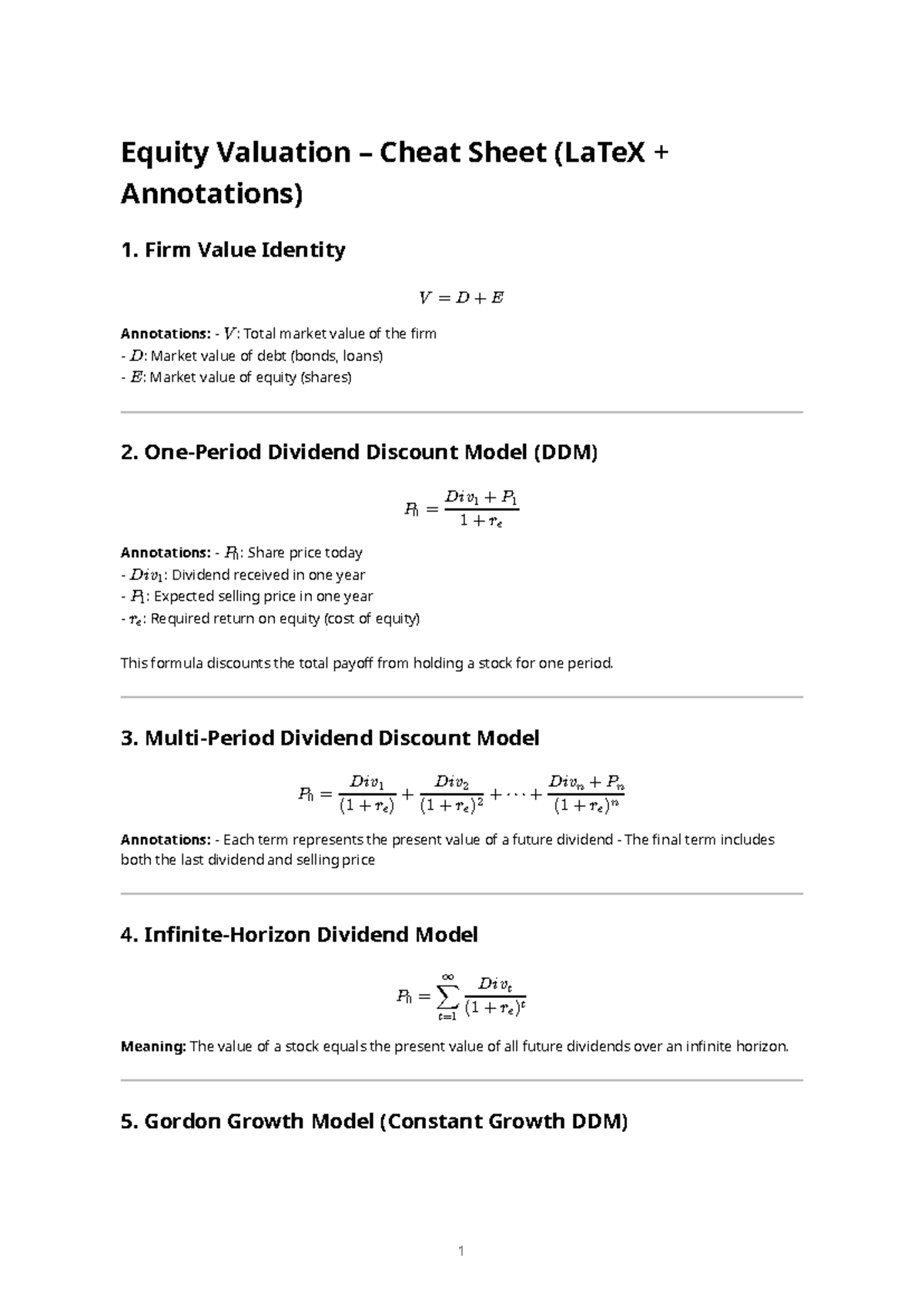 Equity Valuation Cheat Sheet: Key Models & Formulas - Studocu