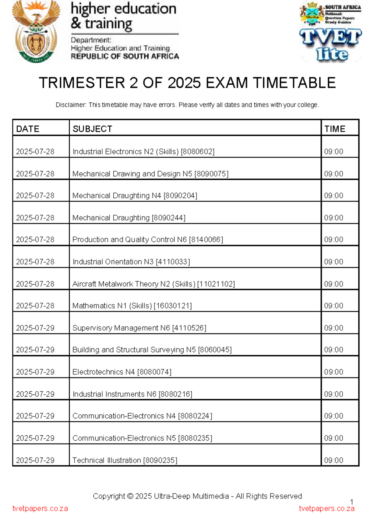 TRIMESTER 2 2025 EXAM TIMETABLE FOR ENGINEERING STUDIES - Studocu