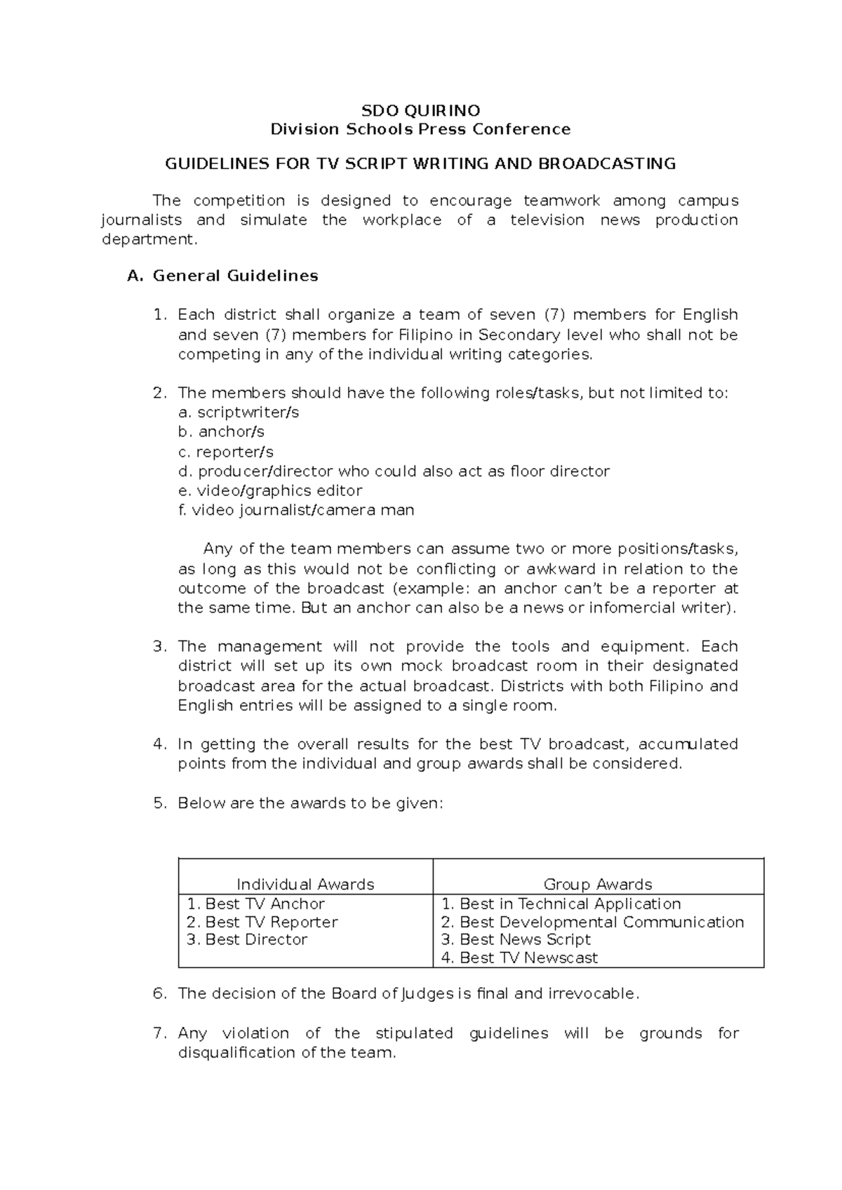 Guidelines for TV Script Writing & Broadcasting - SDO Quirino - Studocu