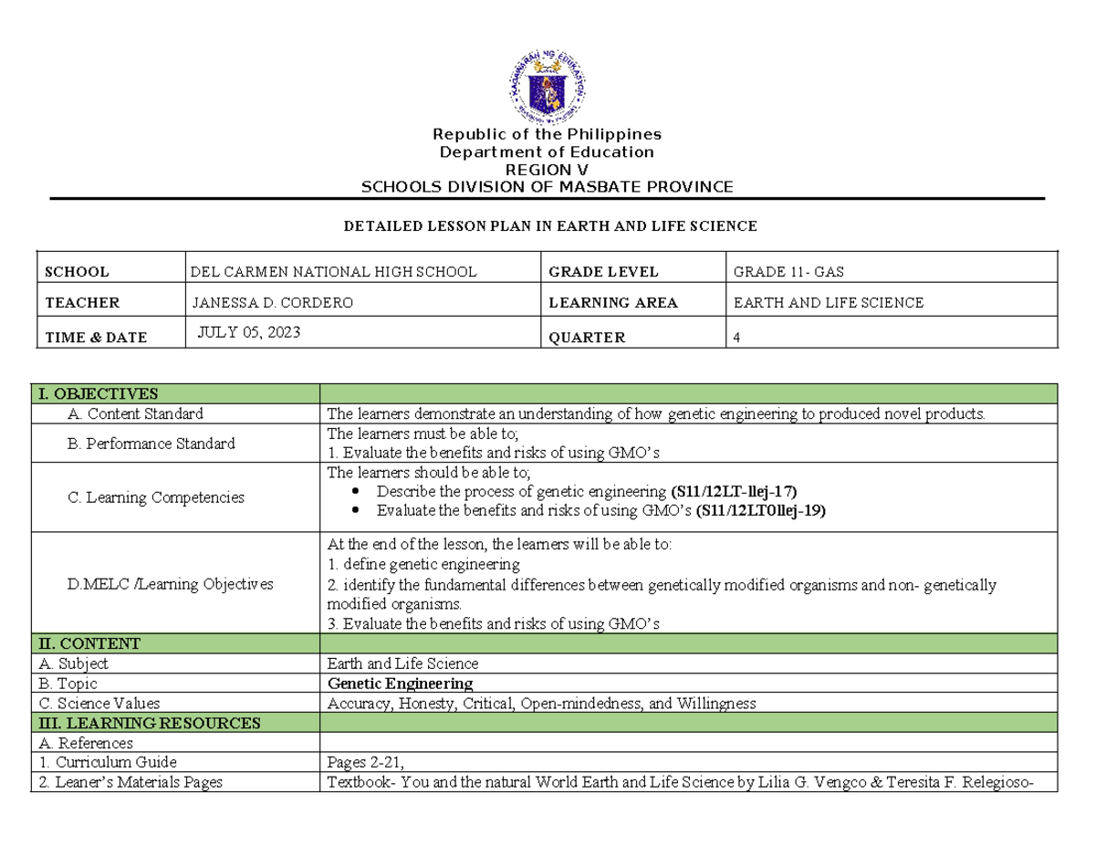 Detailed Lesson Plan on Genetic Engineering (S11/12LT-llej-17) - Studocu