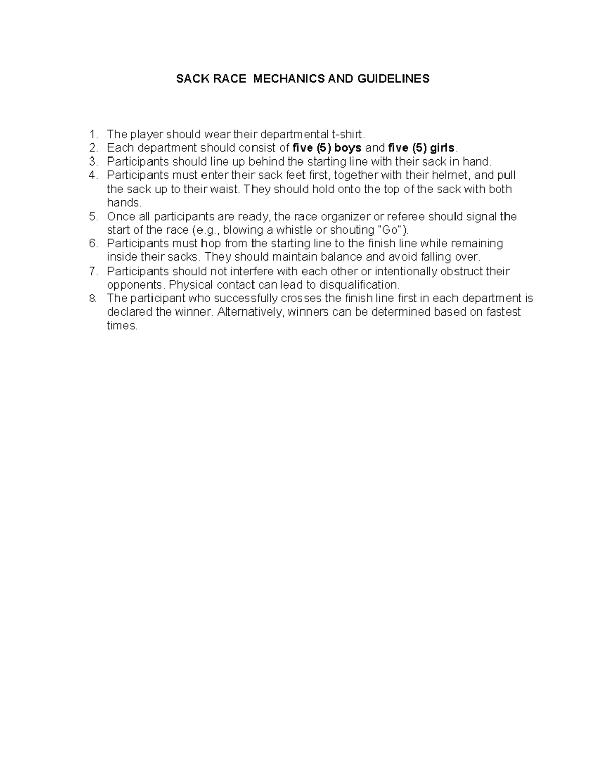 SACK RACE Mechanics & Guidelines: Rules for Fair Play & Winning - Studocu