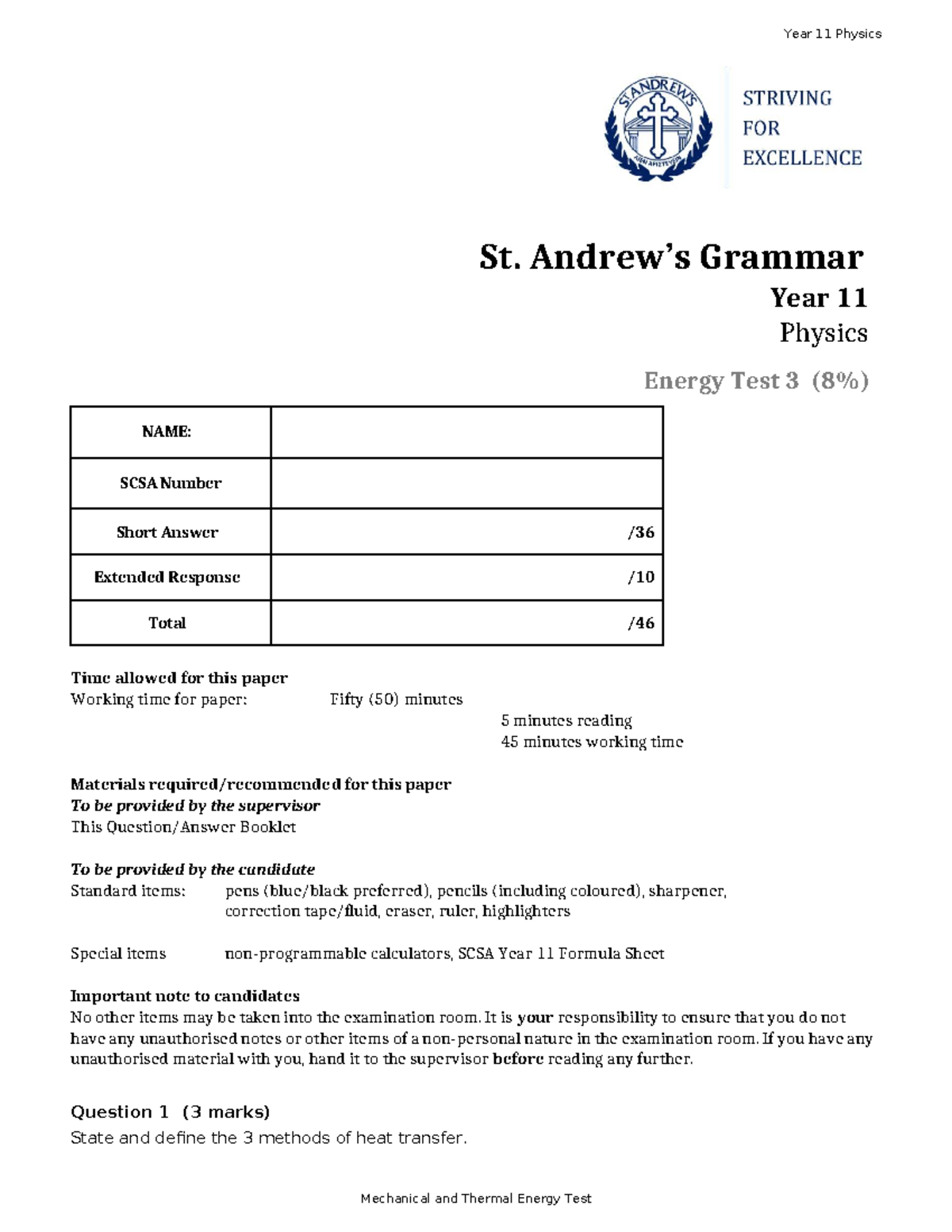 Year 11 Physics Mechanical and Thermal Energy Test 3 - Studocu