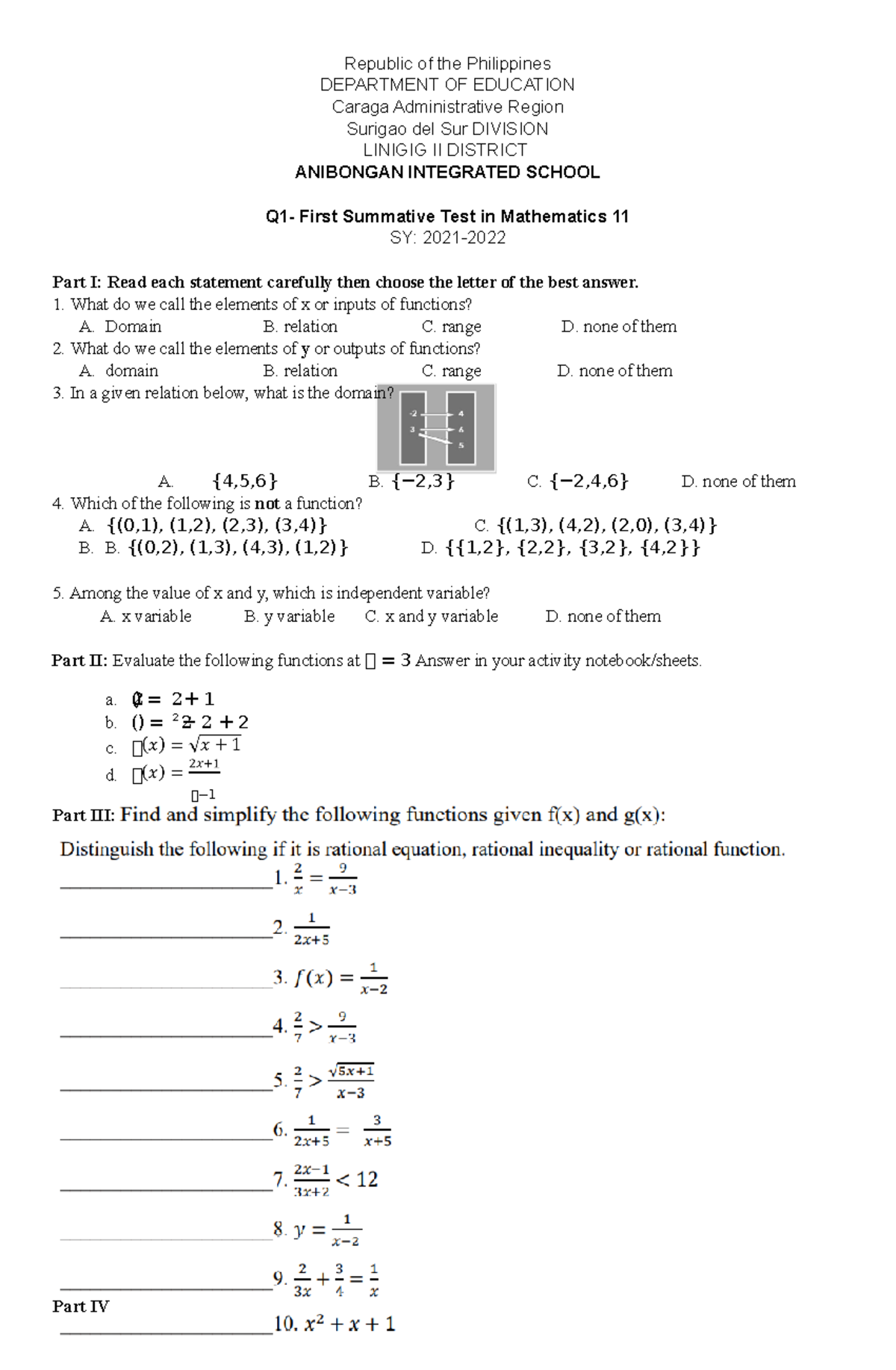 First Summative Test in GEN Math 11: Q1 Assessment - Studocu