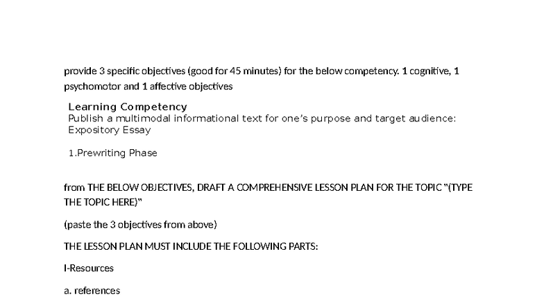 Lesson Plan: Prewriting Phase for Expository Essay (ENG 7) - Studocu