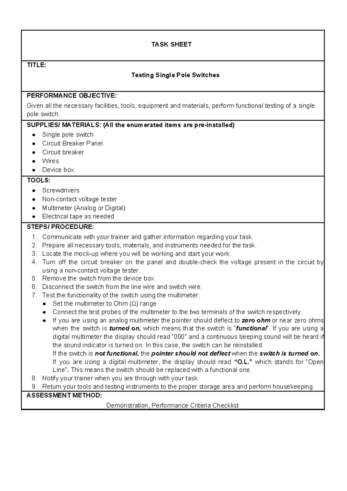 TASK SHEET: Functional Testing of Single Pole Switches - Studocu