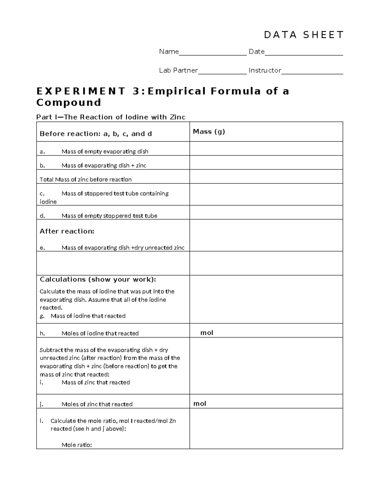 CHM1045L Lab Exp 3: Empirical Formula of Iodine-Zinc Reaction Data ...
