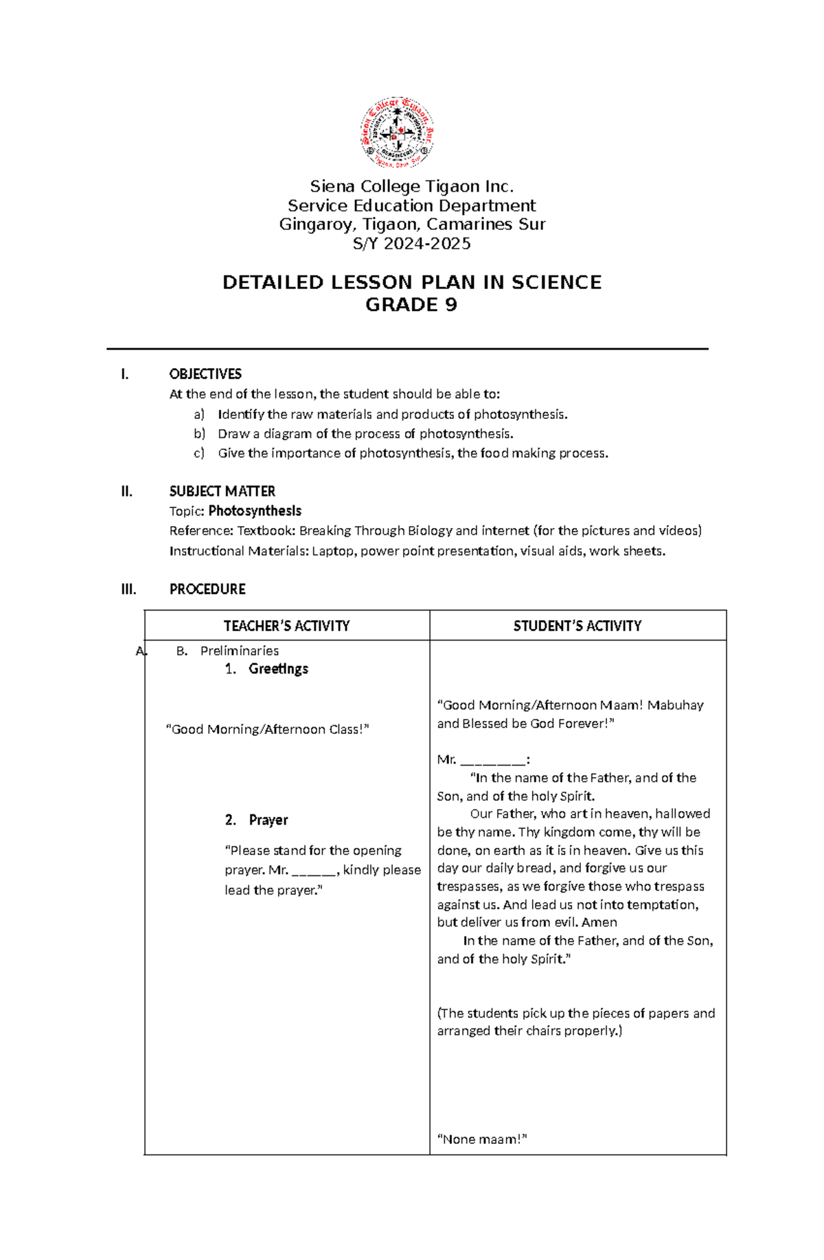 Final Lesson plan (photosynthesis) - Siena College Tigaon Inc. Service ...