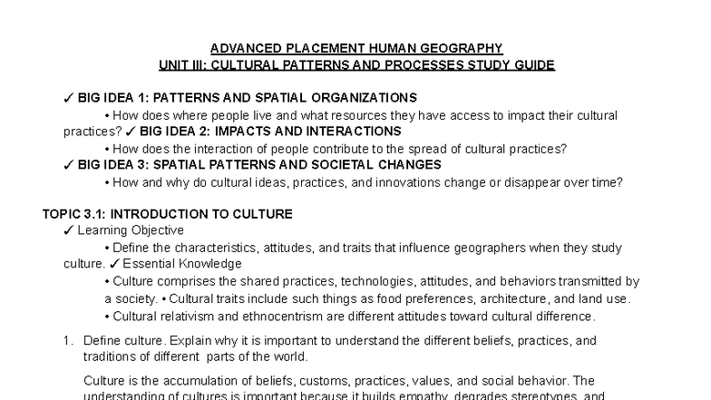 AP Human Geography Unit 3 Study Guide: Cultural Patterns & Processes ...