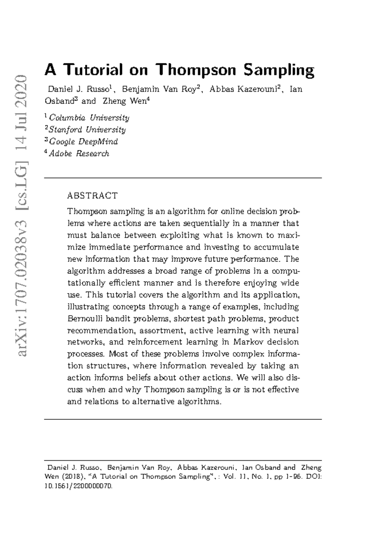 Thomson Sampling - A Tutorial on Thompson Sampling Daniel J. Russo 1 ...