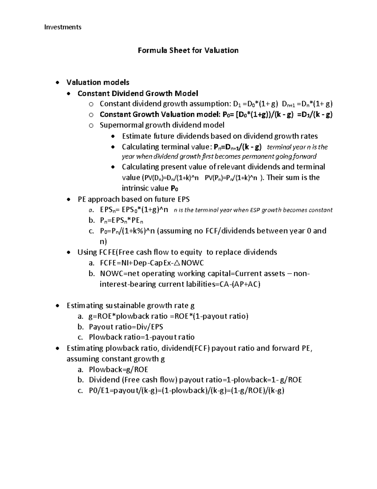 Investment Valuation Formula Sheet: Key Models & Calculations - Studocu