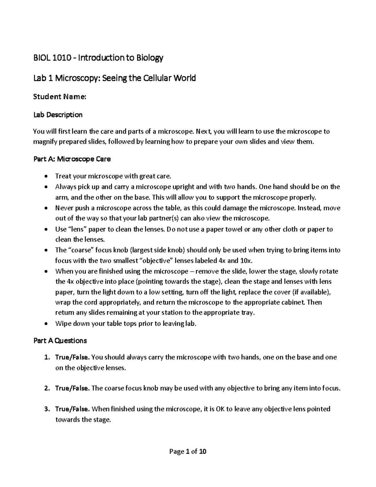 BIOL 1010 Lab 1 Microscopy for Students to Print - BIOL 1010 - Introduction to Biology Lab 1 ...