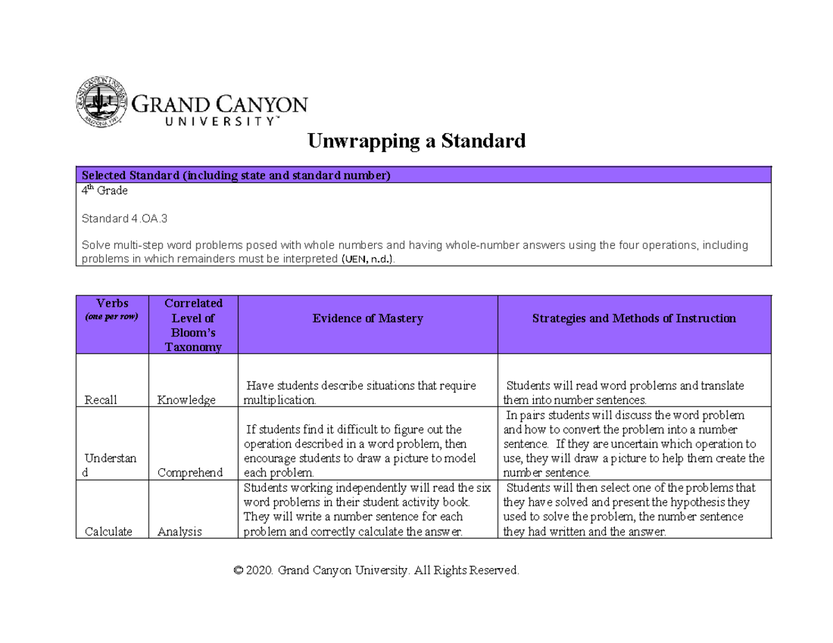 Topic 1 - Standards Deconstruction & Objective Crafting (4th Grade ...