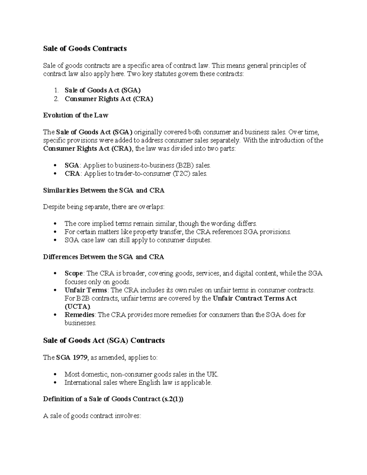 Sale of Goods Contracts: Understanding SGA and CRA Differences - Studocu