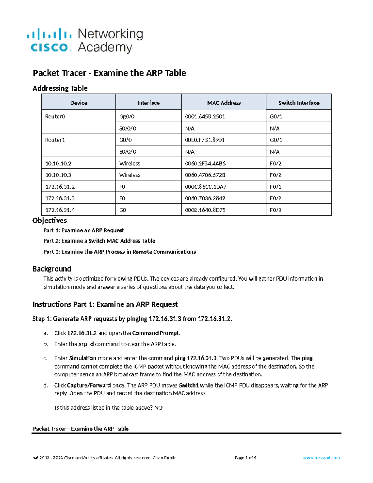 Packet Tracer Lab 9: Analyzing ARP Table and Switch MAC Addresses - Studocu