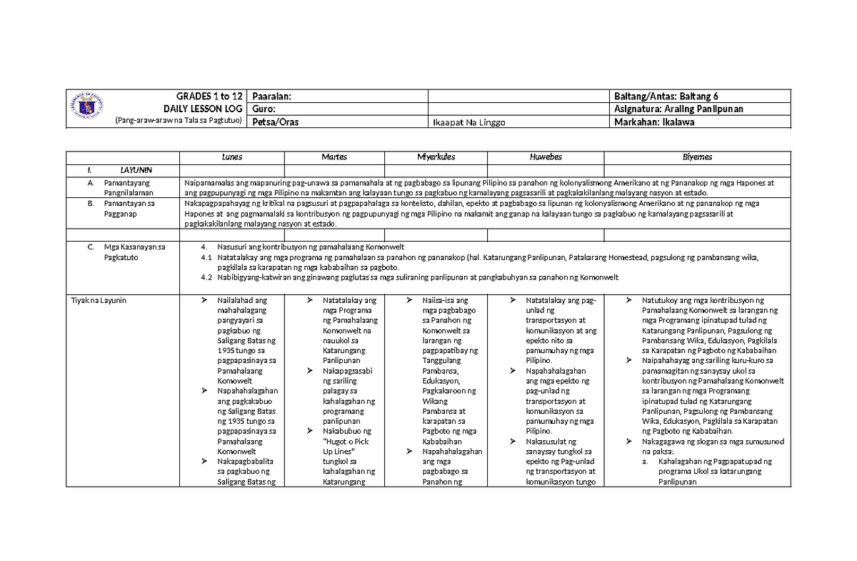 DLP Q2 W4 - Daily Lesson Plan - GRADES 1 to 12 DAILY LESSON LOG (Pang ...