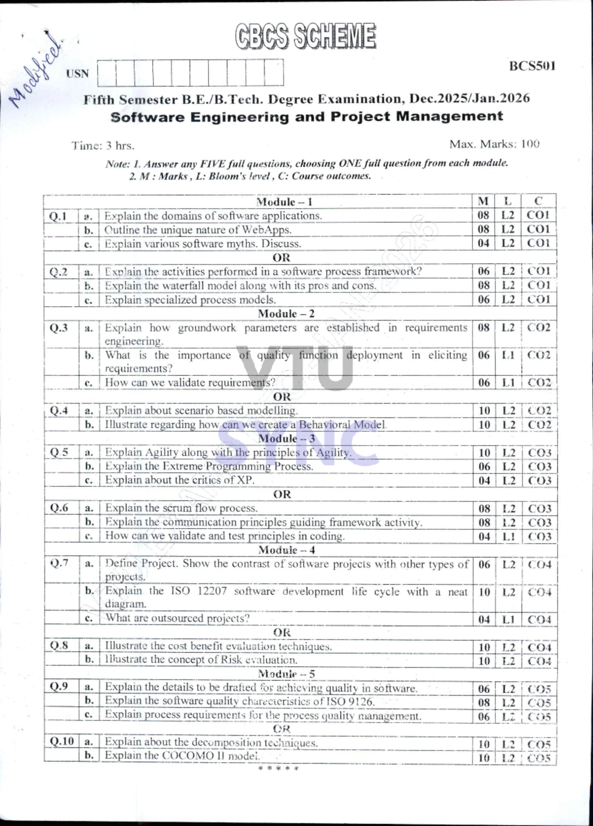 SCH BCS501 - Fifth Semester Software Engineering Exam Paper - Studocu